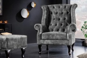 Noble Home Šedé sametové křeslo ušák Chesterfield