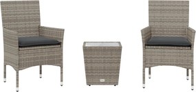 3dílný bistro set s poduškami šedý polyratan a sklo 3278742