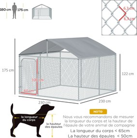 PawHut venkovní psí kotec 5m² s střechou - 230 x 230 x 175 cm sítě - Krytý prostor - Pozinkovaná ocel | Aosom