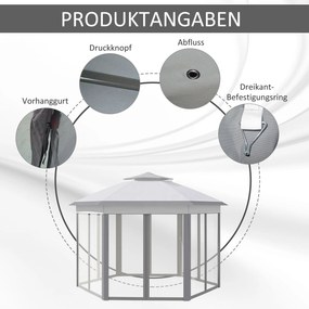 Outsunny skládací pavilon 4 x 4 m Šestiúhelníkový design Sítě proti hmyzu, voděodolná ventilační střecha pro grilovací párty Šedá+Bílá