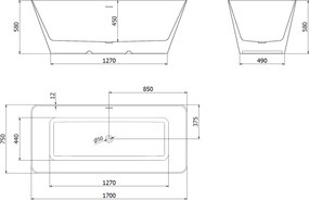 Mexen Velo Slim, volně stojící vana 170 × 75 cm, bílá-černá, 52811707575-SS