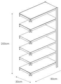 Bezšroubové kovové regál přídavný modul 200x80x30cm T profil, 6 polic