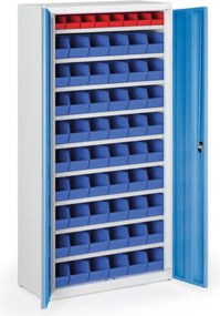 Skříň s plastovými boxy BASIC - 1800 x 400 x 920 mm, 8xA/54xB, šedá/modré dveře