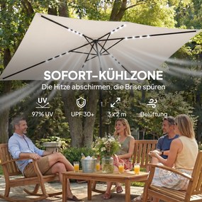 Slunečník LED Solar cca 300 x 200 cm skládací balkonový slunečník s ochranným krytem na kliku, UV ochrana, otočný krémově bílý