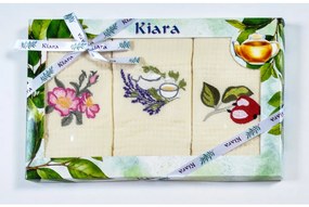 Utěrky KIARA 100 vaflové vyšívané, dárkové balení, čaj a šípková růže, smetanová, 3 kusy 50x70cm