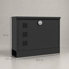 HOMCOM Poštovní schránka černá s přihrádkou na noviny, kovová s průhledem, vodoodpudivá, 2 klíče, 36.5x11.5x29cm | Aosom.de