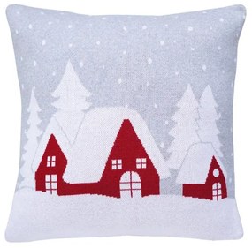 SCANquilt pletený povlak DESIGN polární domečky šedočervená 45 x 45 cm