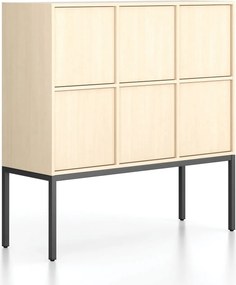 Kancelářská skříň FRAME, nízká, černá podnož, 6x dveře, 1299 x 450 x 1331 mm, PUSH-lock, bříza