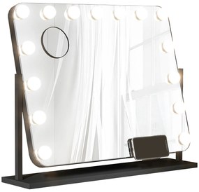 HOMCOM Hollywoodské zrcadlo s osvětlením 15 LED 62,5x49,5cm 3 režimy 10x zvětšení 360° otočné přenosné s držákem na mobilní telefon Černá | Aosom.de