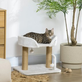 PawHut Kočičí Škrabací Strom pro Malé Kočky Výška 42 cm Kočičí Strom s Hnízdem, Visícími Míčky a Sisalovými Sloupky 48x38x42 cm Bílý
