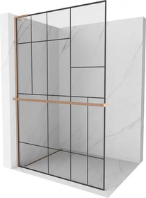 Mexen Kioto+ L, sprchová zástěna Walk-In s poličkou a věšákem 90 x 200 cm, 8mm čiré sklo černý vzor, ​​měděný matný profil, 800-090-123-65-78