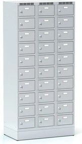 Šatní skříňka S6 s úložnými boxy na soklu, 30 boxů, 1920 x 900 x 500 mm, otočný zámek, šedé dveře