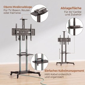 HOMCOM TV stojan na kolečkách pro TV 32-75 palců, výškově nastavitelný TV stojan s 2 policemi, kovový, max. VESA 400x600 mm