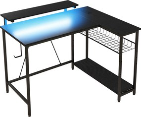 HOMCOM Stůl ve tvaru L s LED diodami, zásuvkami, USB, oboustranný počítačový stůl s polici, 107 x 80 x 90 cm, černý [