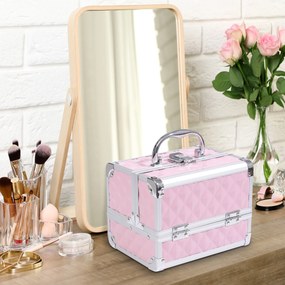 HOMCOM Profesionální Kosmetický Organizér na Make-up S Zrcadlem a Zámkem - Přenosná Taška na Make-up s Více Přihrádkami 20x15x15cm Hliníková