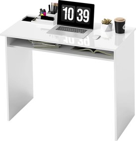 HOMCOM Počítačový stůl Kompaktní Elegantní kancelářský stůl s 1 policí, Dřevotříska, rozměr 90D x 50Š x 74V cm, Vysoce lesklá bílá
