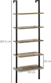 HOMCOM Knihovna ve stylu průmyslového ležení s 5 policemi, nástěnná knihovna ze dřeva a kovu, 60x30x184,5cm, hnědá