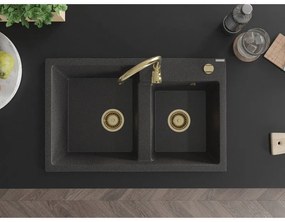 Mexen Tomas, granitový dřez 800x500x190 mm, 2-komorový, černá skvrnitá se zlatým sifonem, 6516802000-76-G