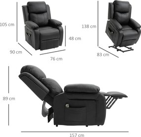 HOMCOM Elektrické křeslo ke vstávání Relaxační křeslo s opěrkou nohou, dálkovým ovládáním a 2 kapsami 76x90x105 cm, černé