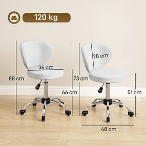 HOMCOM Kolečková stolička, PU masážní stolička s výškovým nastavením 73-88 cm a opěradlem, 360° otočná, bílá
