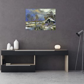 Obraz chaloupky v zimní krajině, olejomalba (70x50 cm)