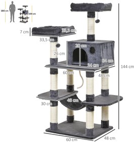 Škrabadlo pro kočky PawHut 144H cm s popruhem na zeď, luxusní šplhací strom s houpací sítí, domeček pro kočky v tmavě šedé barvě | Aosom.de