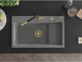 Mexen Omar, 1-komorový granitový dřez 800x480x210 mm, šedá, zlatý sifon, 6520801005-71-G