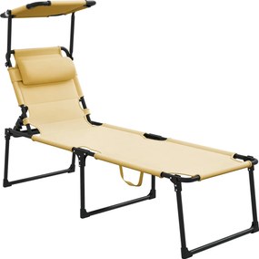 Skládací zahradní lehátko Outsunny s nastavitelnou markýzou, 4 úrovně sklonu opěradla a opěrka hlavy pro terasu a bazén, 70x200x45 cm, krémové | Aosom