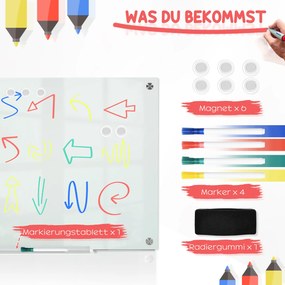 Magnetická tabule Vinsetto 90x60cm se 4 pery, 6 magnety, 1 houbičkou a poličkou, stojanová skleněná tabule k montáži na zeď | Aosom.de