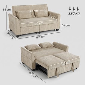 HOMCOM 4-v-1 2-místná rozkládací pohovka, rohová rozkládací pohovka z chenillu 167 cm, nastavitelná opěrka zad, široké sedadlo, světle hnědá