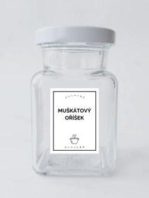 Samolepka na kořenky MUŠKÁTOVÝ OŘÍŠEK bílá 3 × 4 cm tučné písmo
