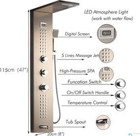 Termostatický sprchový panel EYN TP1912L, nástěnný i rohový, světle bronzový, s masážními tryskami — Nástěnná