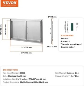 BBQ přístupová dvířka, 863 × 482 mm dvojitá venkovní kuchyňská dvířka
