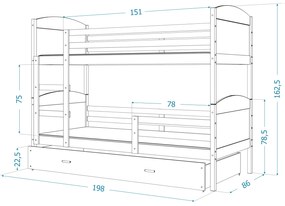 BabyBeds Dětská patrová postel s úložným prostorem MATYÁŠ borovice Velikost postele: 190x80 cm, Barva šuplíku: Bílá