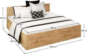 Postel s kovovým roštem a úložným prostorem, 180x200, dub craft zlatý, DOLI