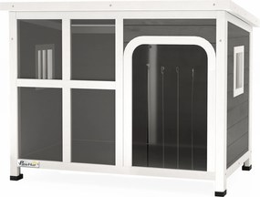 PawHut Malý a střední psí domek se bočními okny a vstupní záclonou, venkovní psí kurník s odnímatelným dnem a otevírací střechou, 90x62x71 cm, světlá