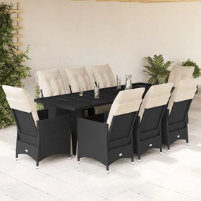 9dílný zahradní bistro set s poduškami černý polyratan 3277257
