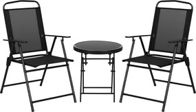 Outsunny 3dílná zahradní bistro souprava - 2 skládací židle s opěrkami + kulatý skládací konferenční stůl s vrchní částí ze skla a polyesteru