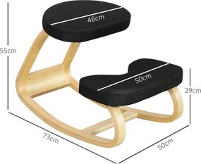 HOMCOM Ergonomická houpací kolenící židle v lněné efekt tkanině a z březového dřeva, 50x73x55 cm, Černá