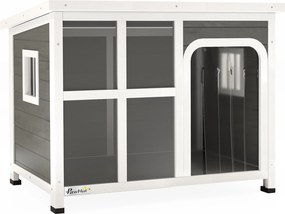 PawHut Malý a střední psí domek se bočními okny a vstupní záclonou, venkovní psí kurník s odnímatelným dnem a otevírací střechou, 90x62x71 cm, světlá