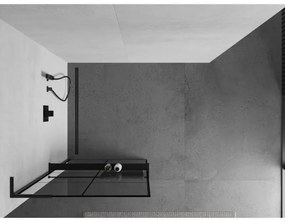 Mexen Kioto+ L, sprchová zástěna Walk-In s poličkou a věšákem 70 x 200 cm, 8mm čiré sklo černý vzor, ​​černý profil, 800-070-123-70-77