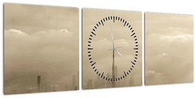 Obraz města v mracích (s hodinami) (90x30 cm)