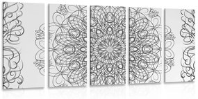 5-dílný obraz abstraktní květinová Mandala v černobílém provedení