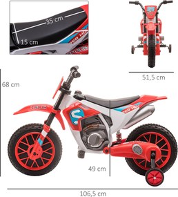 HOMCOM Dětská Elektrická Motorka 12V s 2 Odnímatelnými Stabilizátory pro Děti od 3 Let PP Kovová Červená+Bílá 106,5 x 51,5 x 68 cm