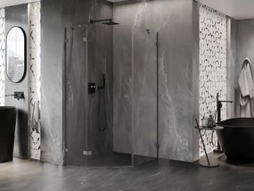 Mexen Lunar, pětiúhelníkový sprchový kout s levým sklonem 80 x 90 cm, 8mm čiré sklo, grafitový profil, 831-080L-090P-95-00-L