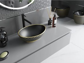 Mexen Elza, keramické umyvadlo na desku 405 x 330 mm, černá matná-zlatý vzor, 21014029