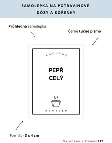 Samolepka na kořenky PEPŘ CELÝ průhledná 3 × 4 cm tučné písmo