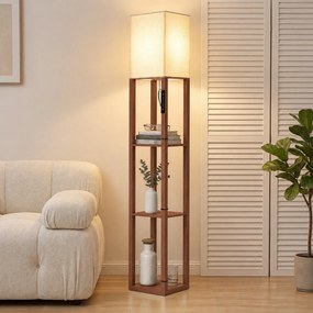 HOMCOM stojací lampa se 3 policemi a stmívatelnou LED, hnědá
