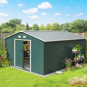 Kovová zahradní kůlna Outsunny 12,4 m², s šikmou střechou, posuvnými dveřmi a základem, 386 x 340 x 200 cm, odolná vůči počasí, pro zahradu, tmavě ze…
