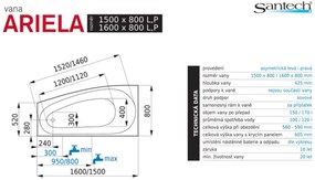 Santech Ariela asymetická rohová vana 150x80 cm pravá SAARI150P